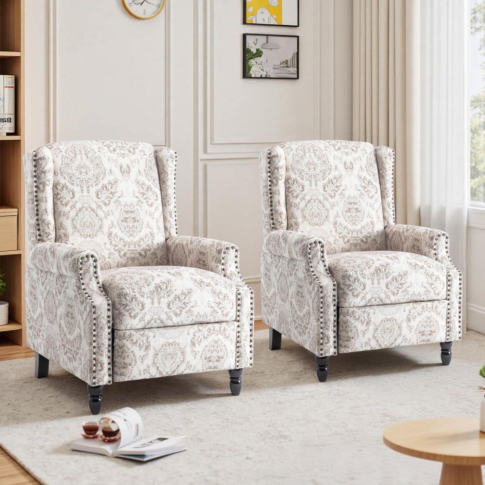 Uixe Beige Pattern Linen Nailhead Trim Upholstered Manual Recliner ...