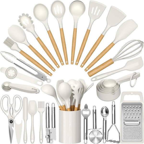 Wudkey Cream White Silicone Kitchen Utensil Set, 34-Piece Heat ...
