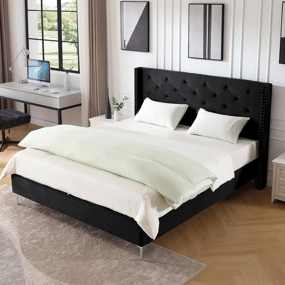 Reviews for Morden Fort Black Velvet Bed Frame King Platform Bed with ...