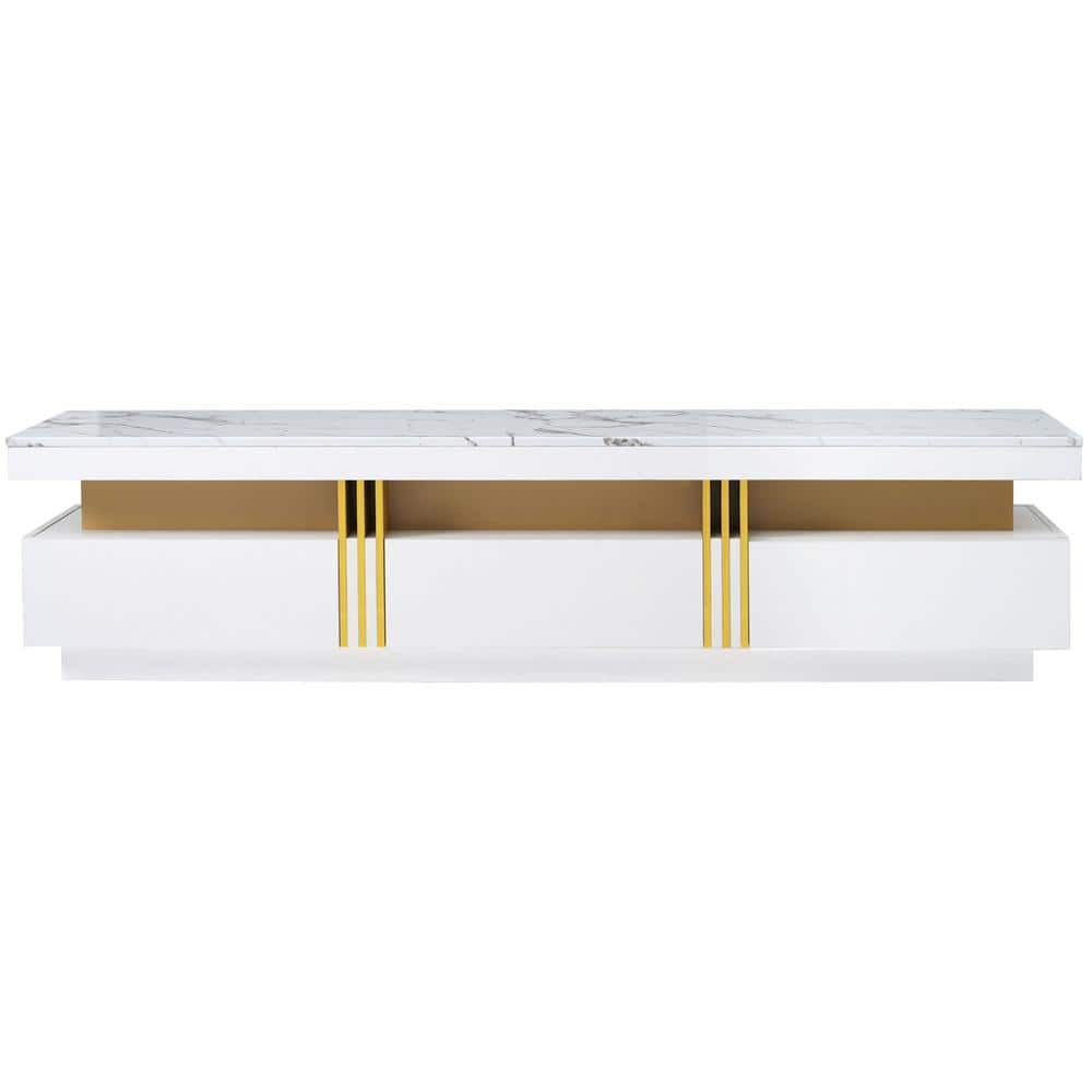 Clihome Luxury White TV Stand with High Gloss Faux Marble Top Fits TVs ...