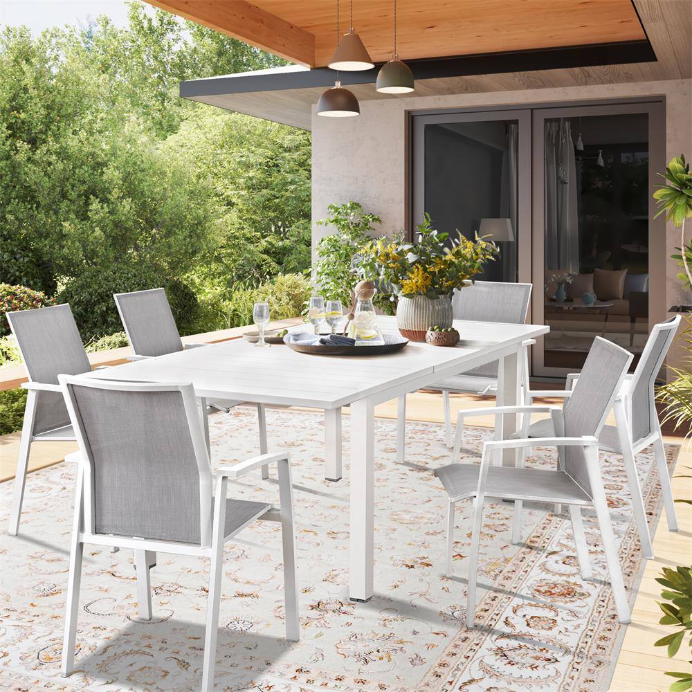 Cesicia White 7-Piece Metal Outdoor Dining Set with Adjustable Folding ...