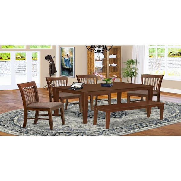 East West Furniture 6 Piece Rectangle Mahogany Finish Solid Wood Top Dining Table with 1 Bench 4 Chairs with Lattice Back CANO6C MAH C 440 HD