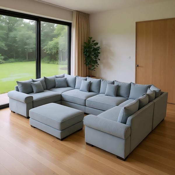 Homy Casa LZXNSN 137.7 in. Straight Arm 7-Piece Corduroy Modular Sectional Sofa with Ottoman and ...