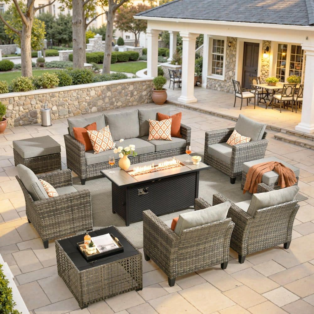 XIZZI Limerence 9 Pieces Wicker Outdoor Patio Rectangular Fire Pit Set ...