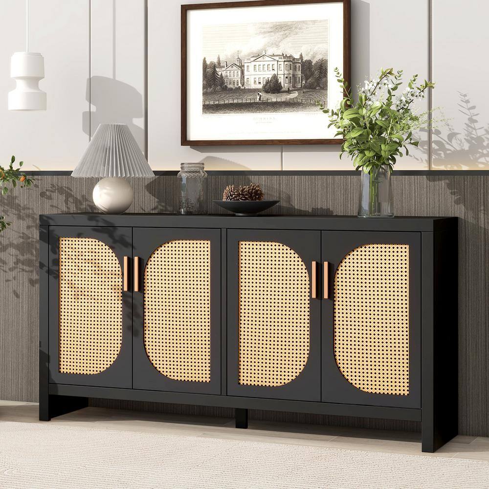 Harper & Bright Designs Black Wood 59.1 in. Sideboard with Rattan ...