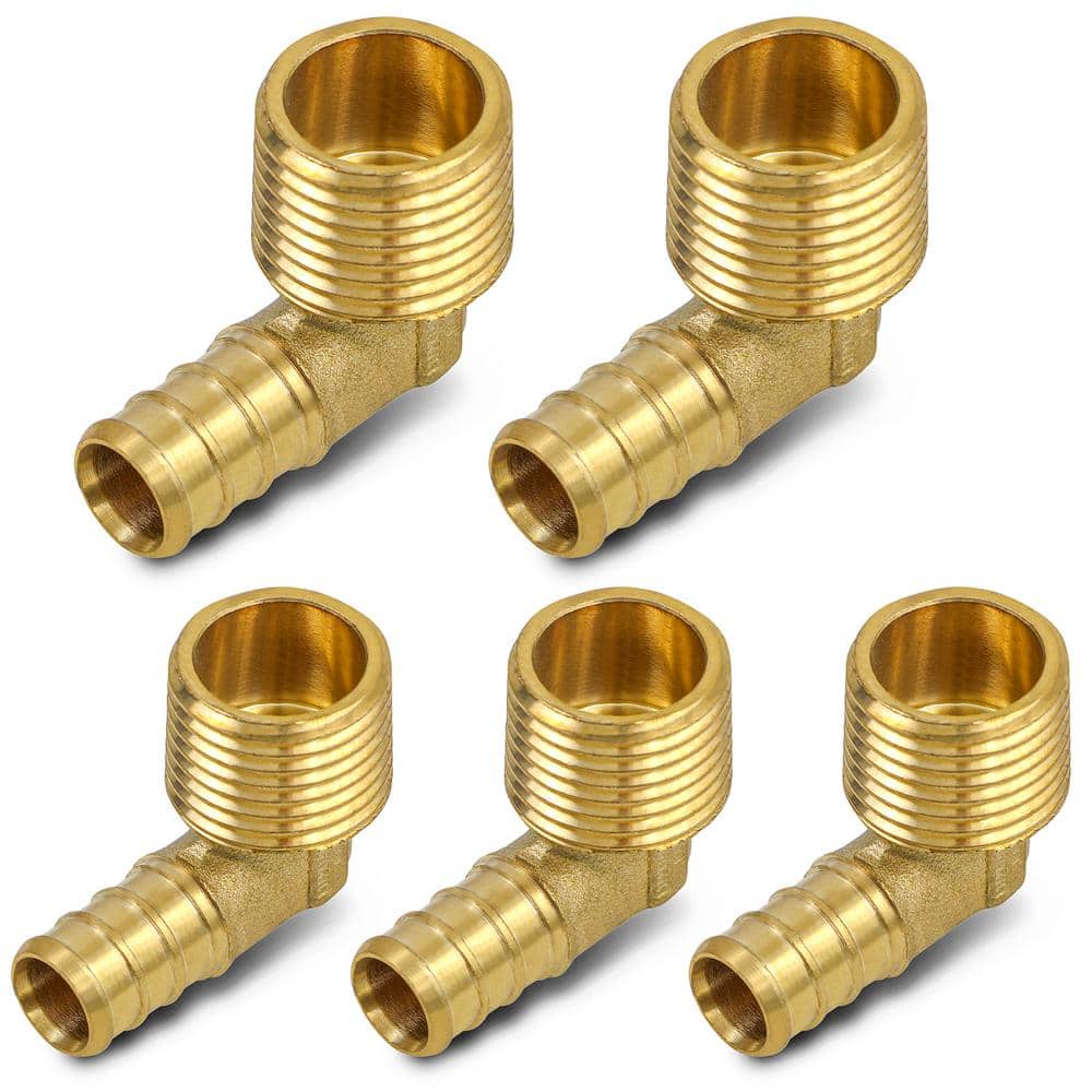 PLUMBFLEX 3/4 in. x 3/4 in. Brass PEX Barb x MIP 90-Degree Elbow Pipe Fitting (5-Pack) 34345PXML ...