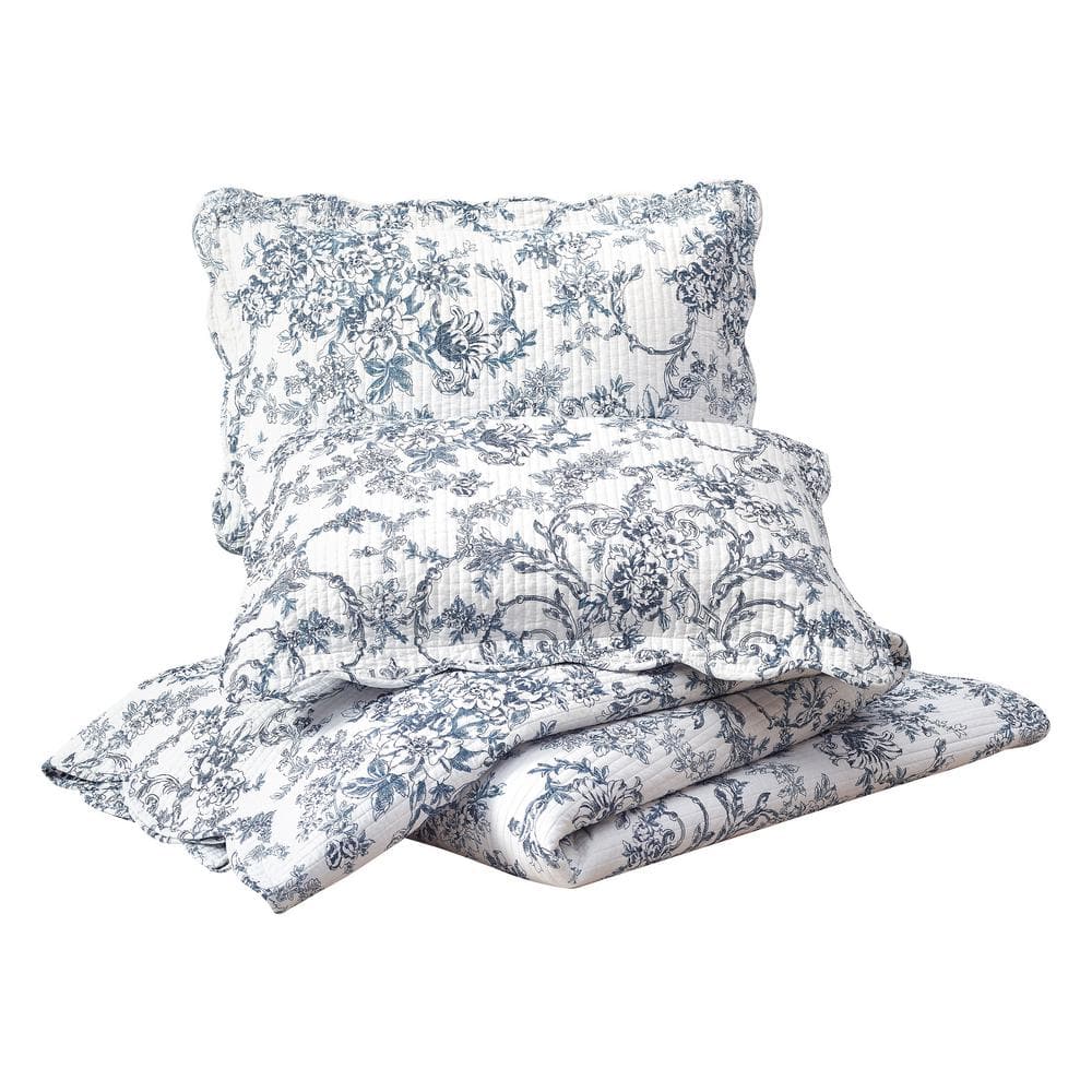 MODERN HEIRLOOM Garden Toile 3-Piece Blue Reversible Cotton King Quilt ...