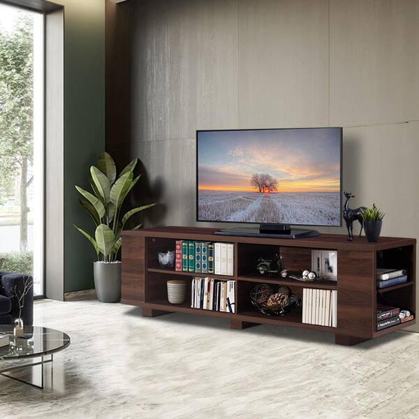 Costway 59 in. Brown Wood TV Stand Console Storage Entertainment Media Center with Adjustable Shelf Fits Up to 65 in. TV QD B717098 The Home Depot