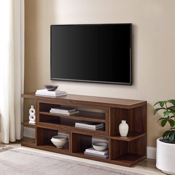 Welwick Designs 55 78 in. Dark Walnut Wood Modern Adjustable TV Stand for TVs Up to 82 in. HD9376 The Home Depot