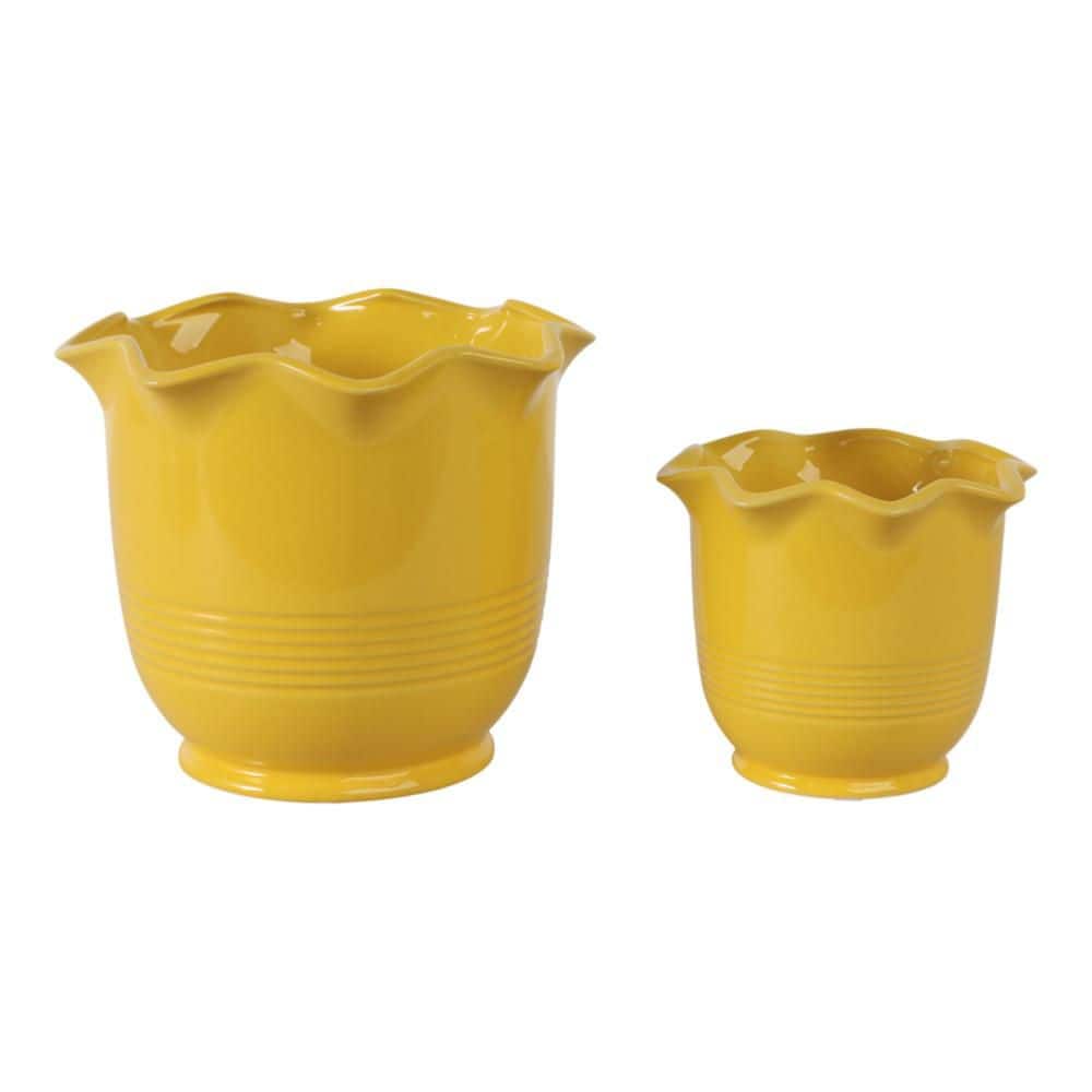 Liv & Skye 6 in. and 8 in. Yellow Ceramic Round Fluted Decorative Pots ...