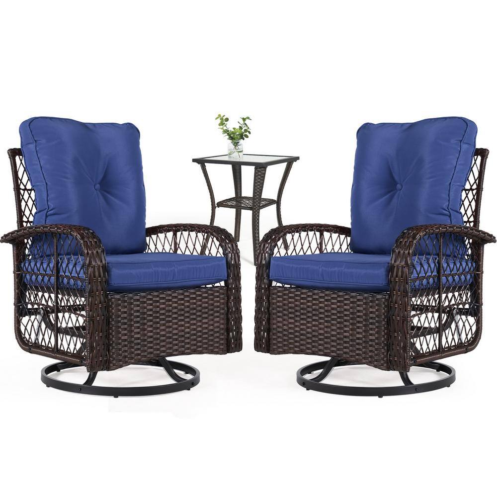 Sizzim Natural Blue 3-Piece Wicker Outdoor Rocking Chair Set Outdoor ...