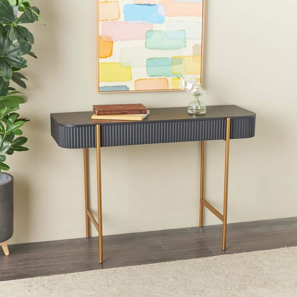 Litton Lane 42 in. Black Rectangle Wood Console Table with Gold Metal ...