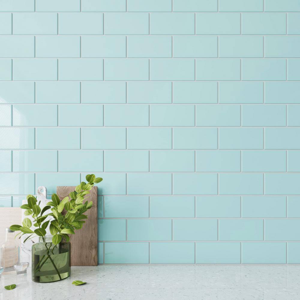 Giorbello Baby Blue 3 in. x 6 in. x 8 mm Glass Subway Wall Tile (5 sq ...