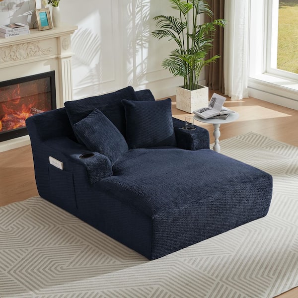 Seafuloy Dark Blue Suede Accent Arm Chair, Chaise Lounge with Holder ...