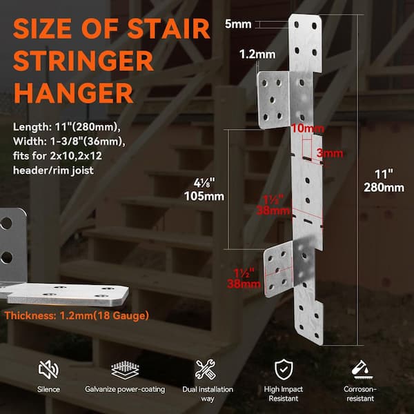 NVNOO Heavy Duty 18 Gauge Adjustable Stair Stringer Hanger Bracket for ...