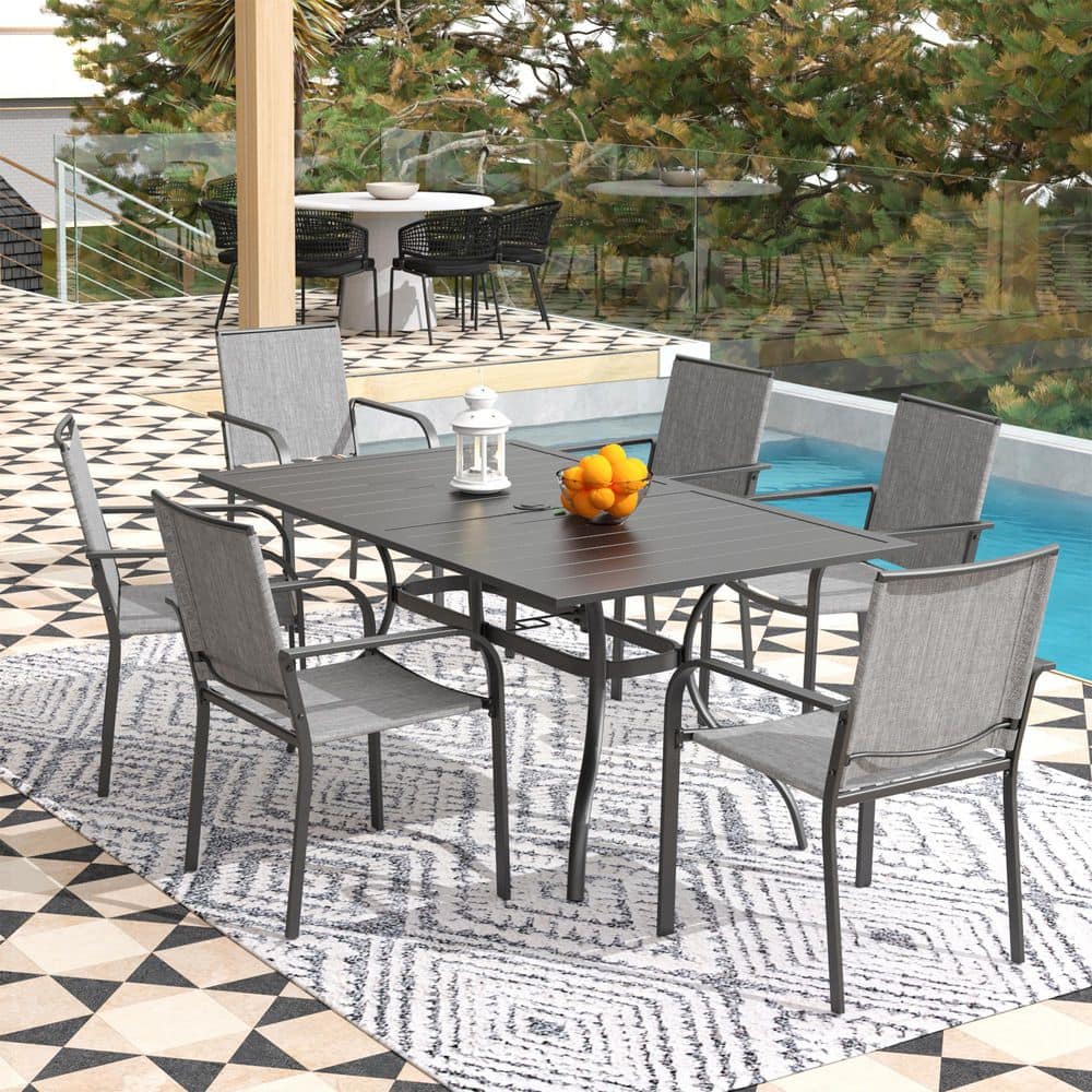 Anmutig 7-Piece Metal Rectangular Outdoor Dining Set-Gray THE28-CDGGY6 ...