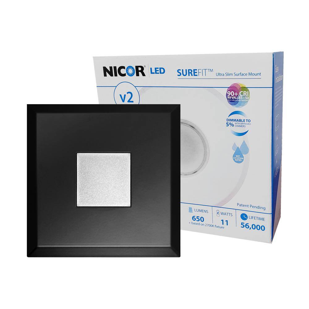 NICOR SureFit(v2) 5.2 in. Square Black Ultra Slim LED Flush Mount 3000K ...