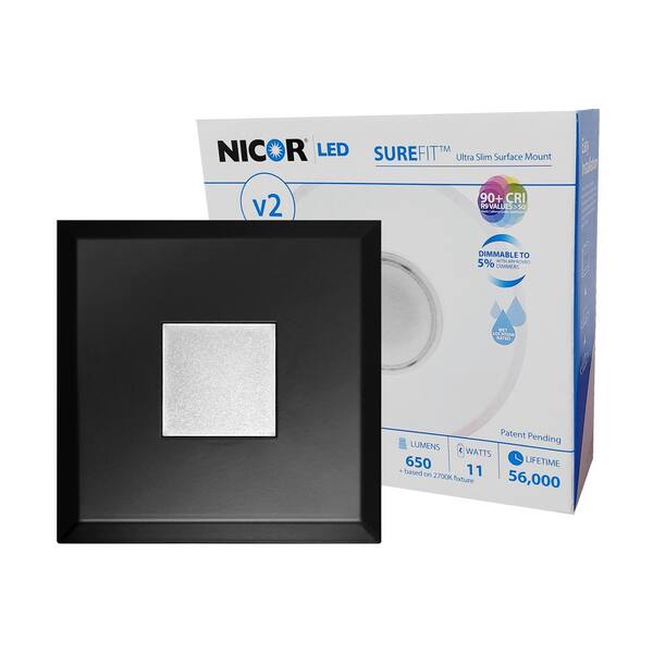 NICOR SureFit(v2) 5.2 in. Square Black Ultra Slim LED Flush Mount 5000K ...