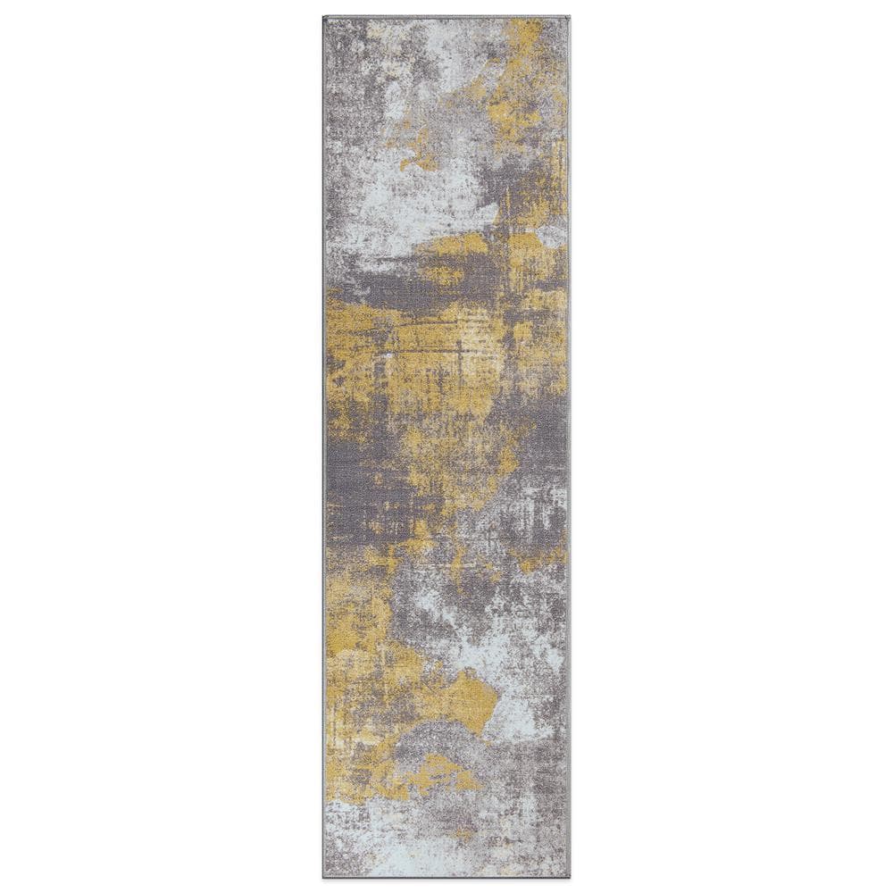 World Rug Gallery Contemporary Distressed Yellow 2 ft. x 7 ft. Abstract ...