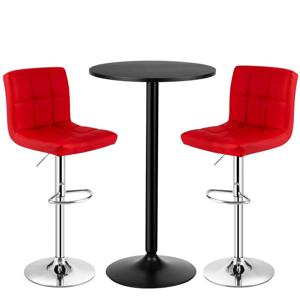 Gymax 24 in. Round Bar Table and 2-Adjustable Bar Stools Red Pub Table ...