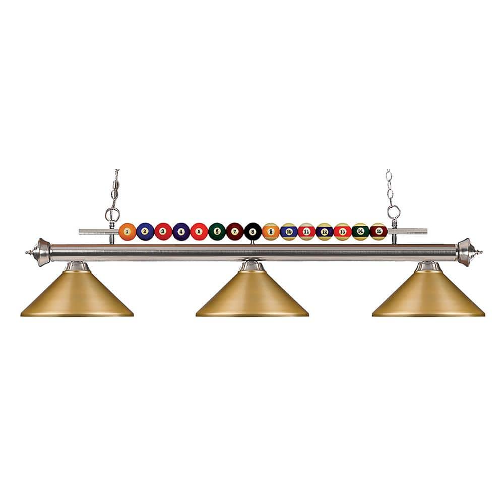 Shark 3-Light Brushed Nickel with Metal Satin Gold Shade Billiard Light ...