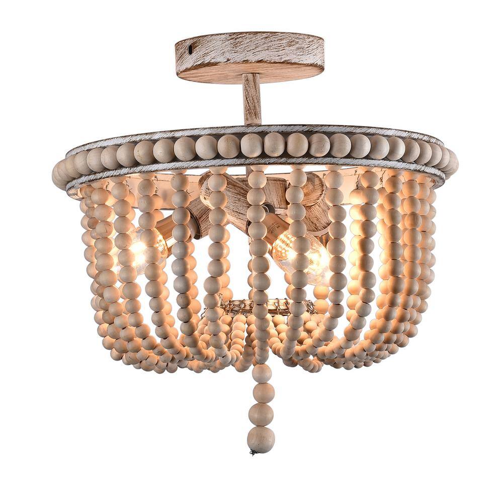 aiwen 3-Light Farmhouse Beige Wood Beaded Semi Flush Mount Hand Painted ...