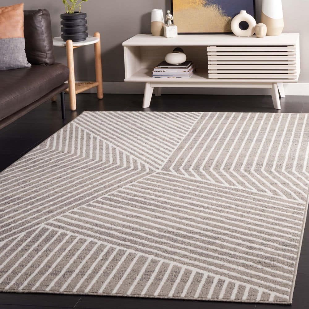 SAFAVIEH Pyramid 8 ft. x 10 ft. Gray/Ivory Geometric Striped Area Rug ...