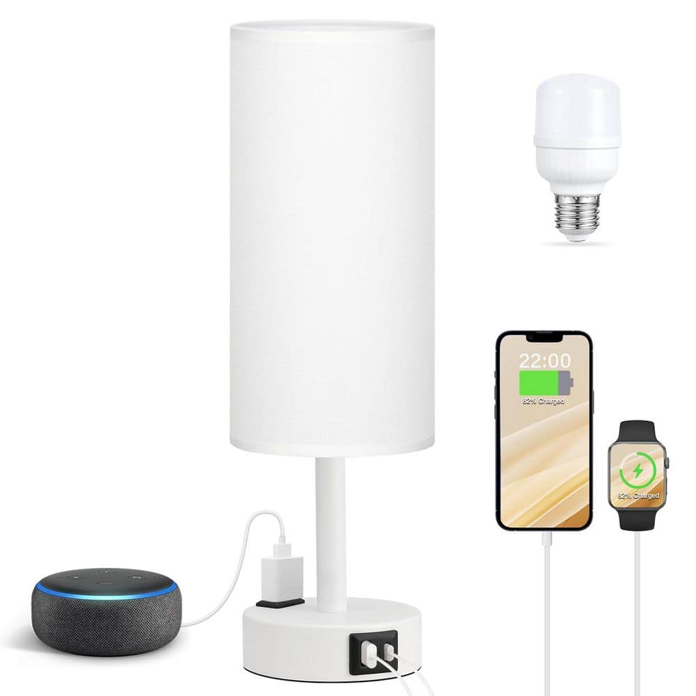 14 in. White Lantern Table Lamp for Bedroom with USB C A Charging Ports ...