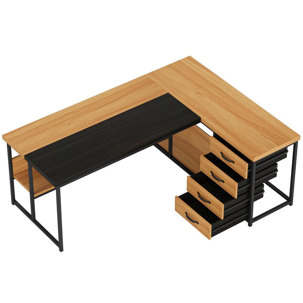 BYBLIGHT Lanita 62 in. Brown and Black Wood L-Shaped Executive Desk ...