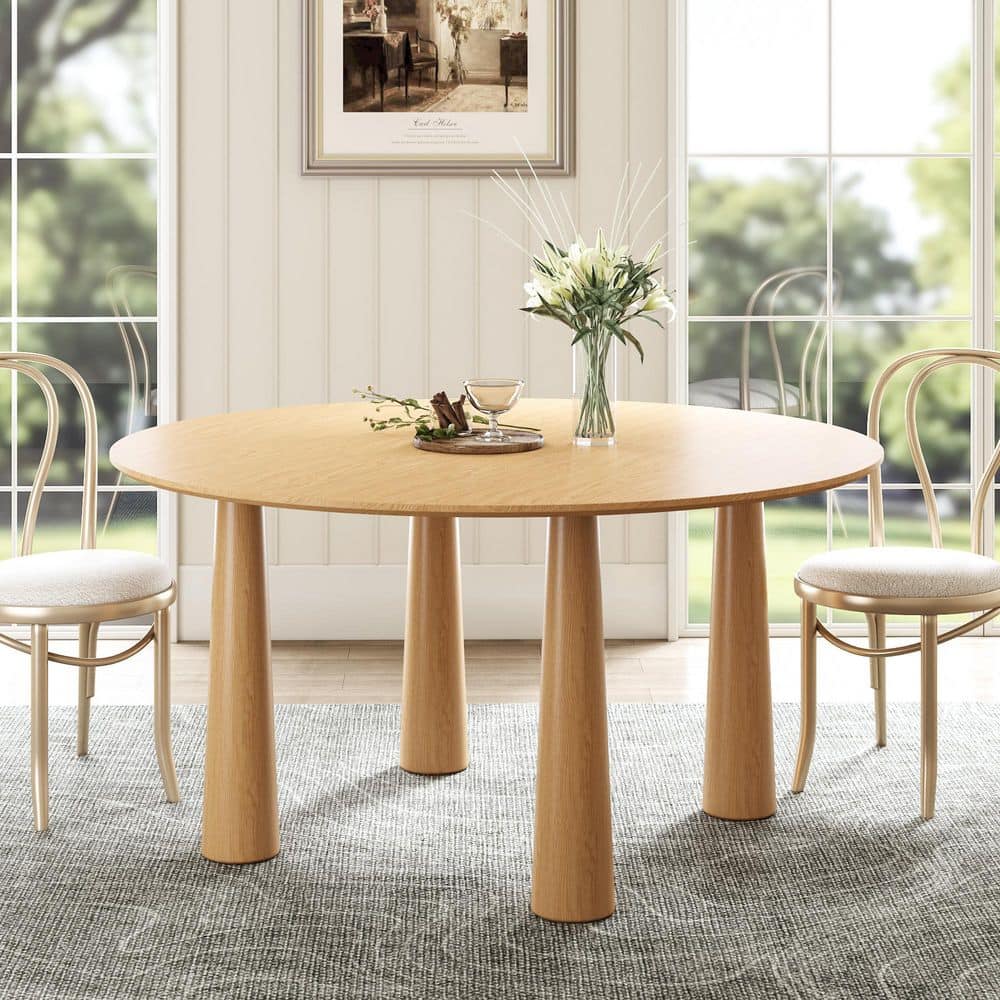 Lirago Round Light Brown Solid Wood 52 in. Kitchen Tables 4-Legs Dining ...