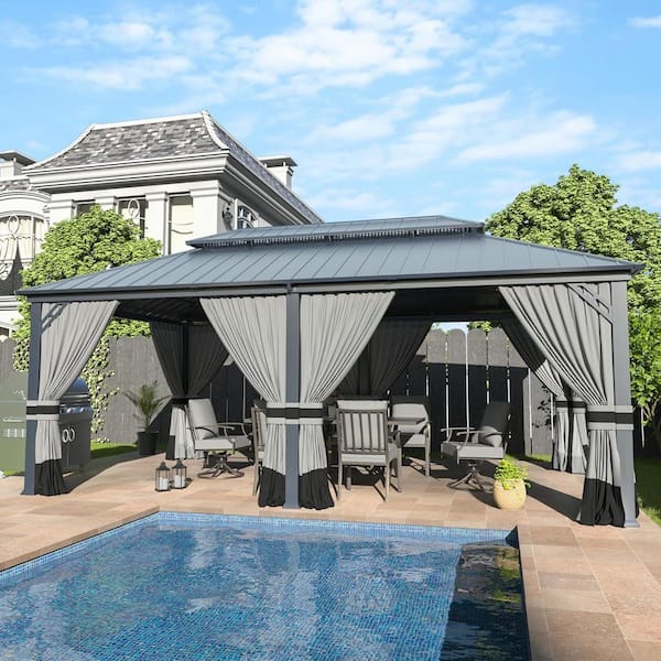 Halmuz 12 ft. x 20 ft. Grey Metal Hardtop Gazebo with Double Roof ...
