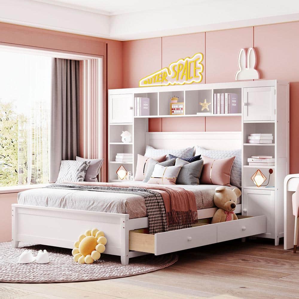 White Wood Frame Full Size Platform Bed with All in One Cabinet Shelf and 4 Drawers