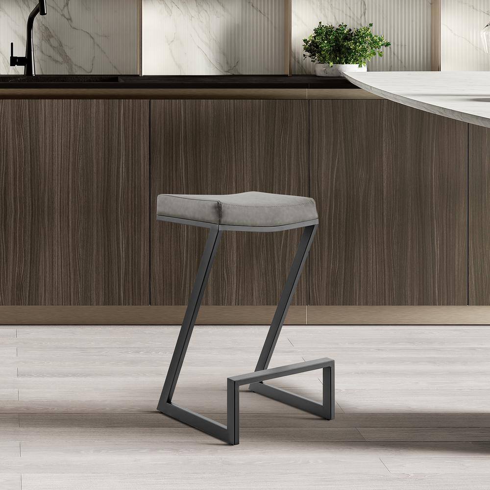 Armen Living Atlantis 26 in. Vintage Gray Metal Counter Stool with Faux ...