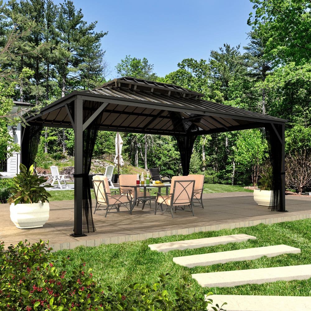 VEIKOUS 16 ft. W x 12 ft. D Double Hardtop Gazebo with Pre-Painted ...