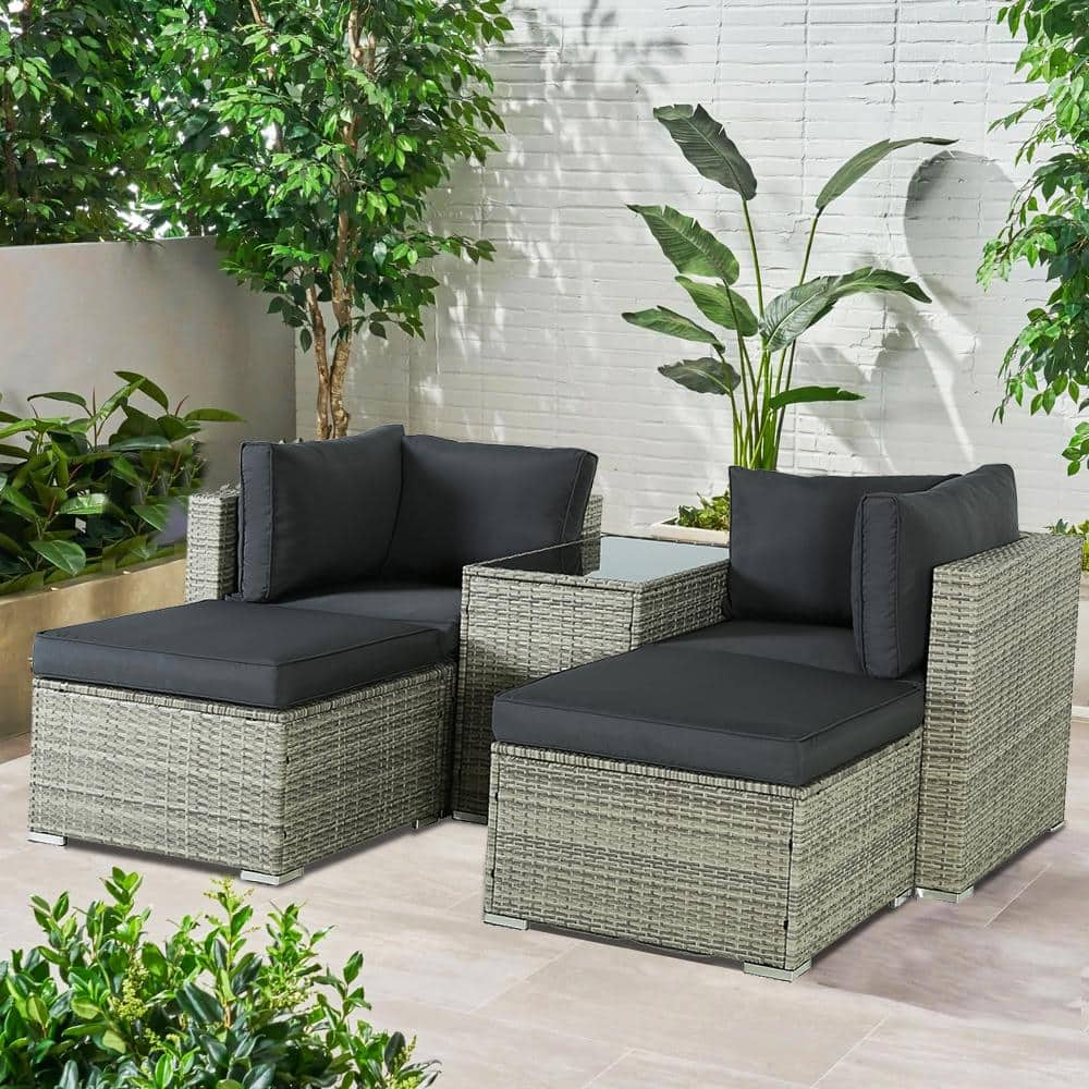 Gray 5-Piece PE Wicker Patio Outdoor Furniture Rattan Sectional Sofa ...