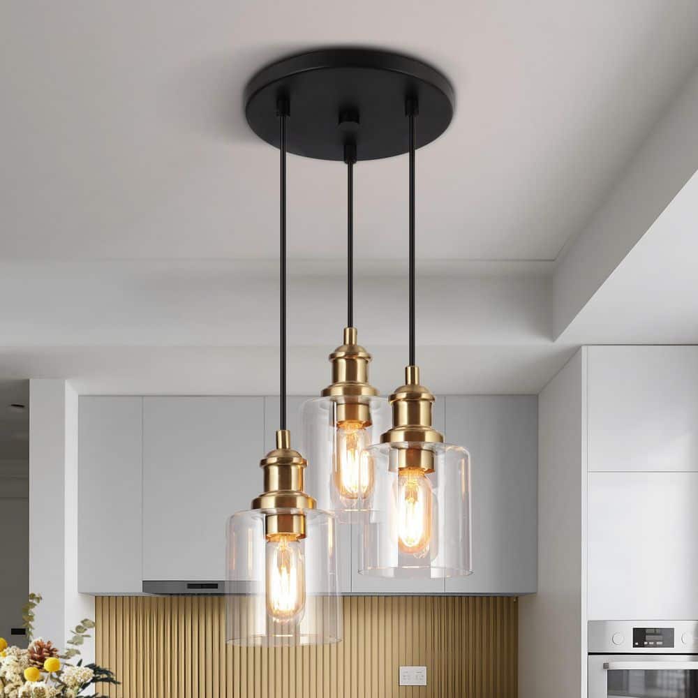 LNC Alvra Vintage 3-Light Plated Brass Cluster Chandelier with Clear ...