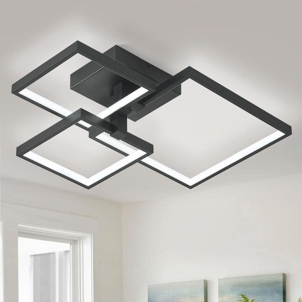 Henveton Essel 21.25 in. 3-Light Square Black LED Semi-Flush Mount ...