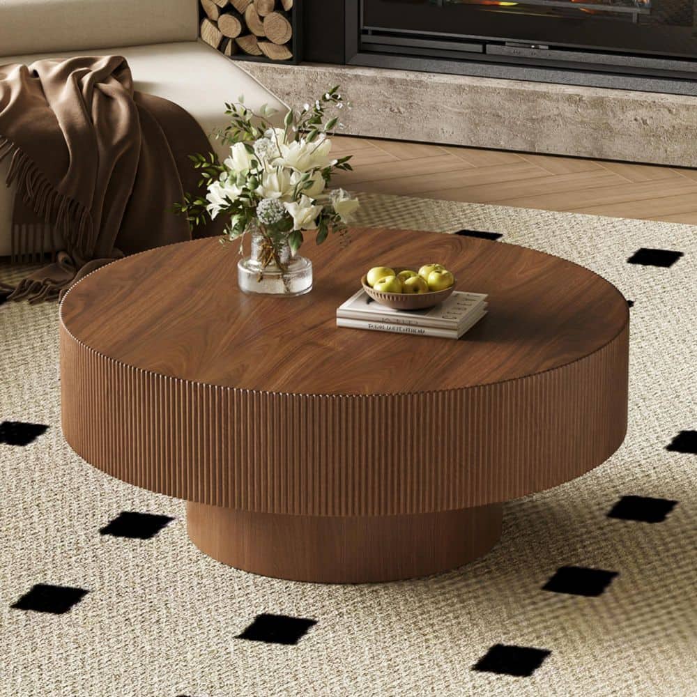 Harper & Bright Designs Walnut 31.5 in. Elegant Round MDF Coffee Table ...