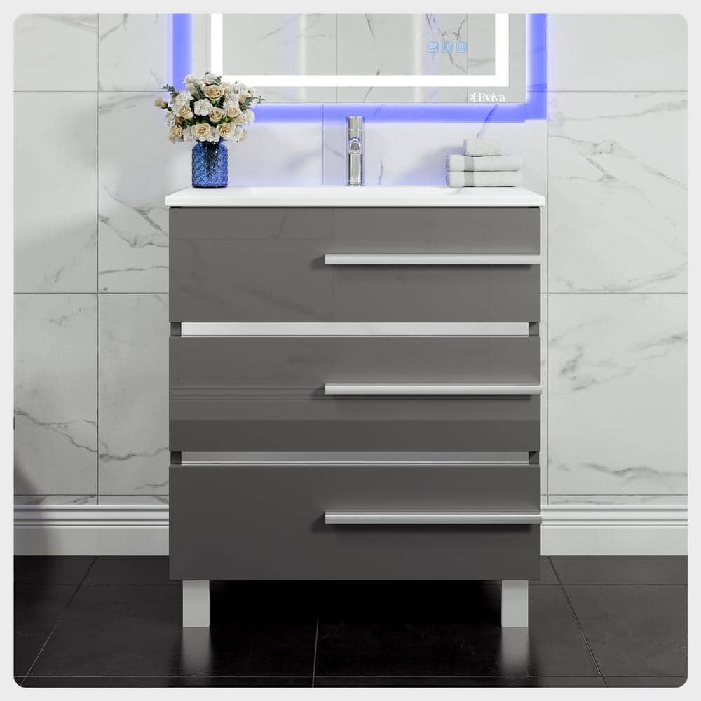 Eviva Deluxe 24 in. Single Sink Gray Bath Vanity with White Porcelain ...