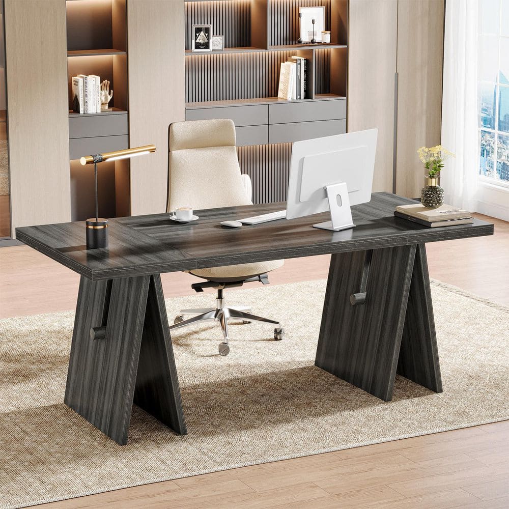 BYBLIGHT Lanita 63 in. Rectangular Gray Wood Executive Desk with Sturdy ...