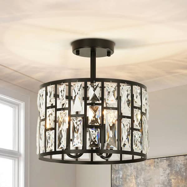 RRTYO Emily 11.8 in. 3-Light Industrial Vintage Black Finish Crystal ...