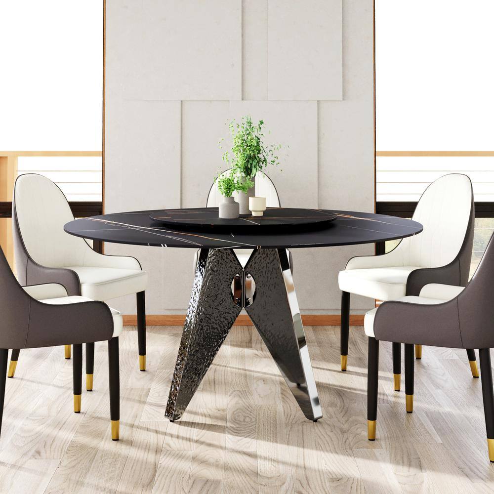 Magic Home 59 in. Black Rotable Lazy Susan Sintered Round Stone ...