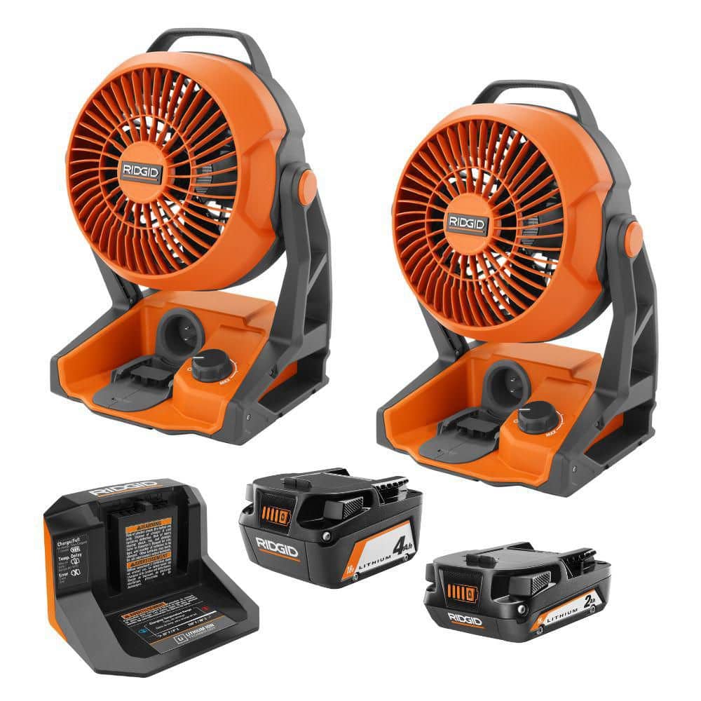 RIDGID 18V Cordless Hybrid Jobsite Fan 2-Pack with 4.0 Ah Battery and 2 ...