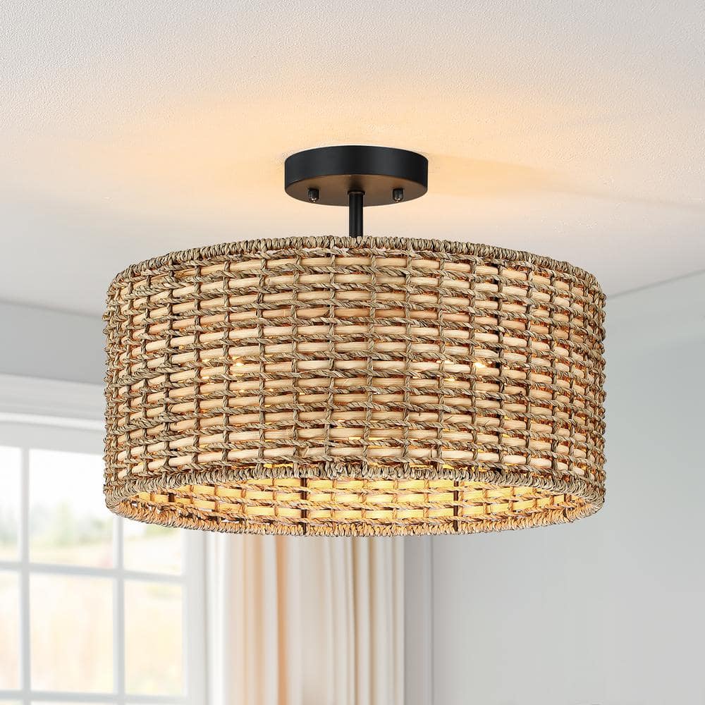TRUE FINE Seymour 16 in 3-Light Rattan Drum Semi-Flush Mount Ceiling ...