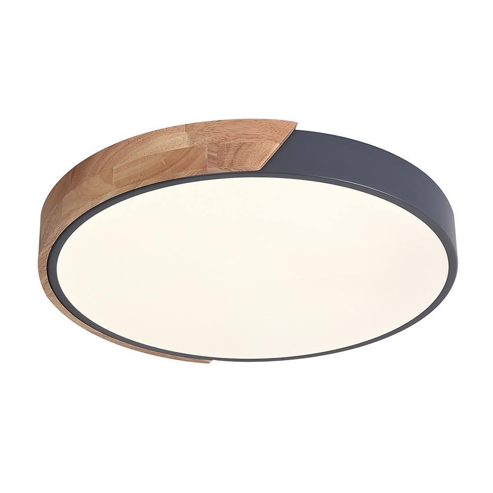 HUOKU Lumin 19.7 in. 1-Light Wood and Gray Finish Dimmable LED Flush ...