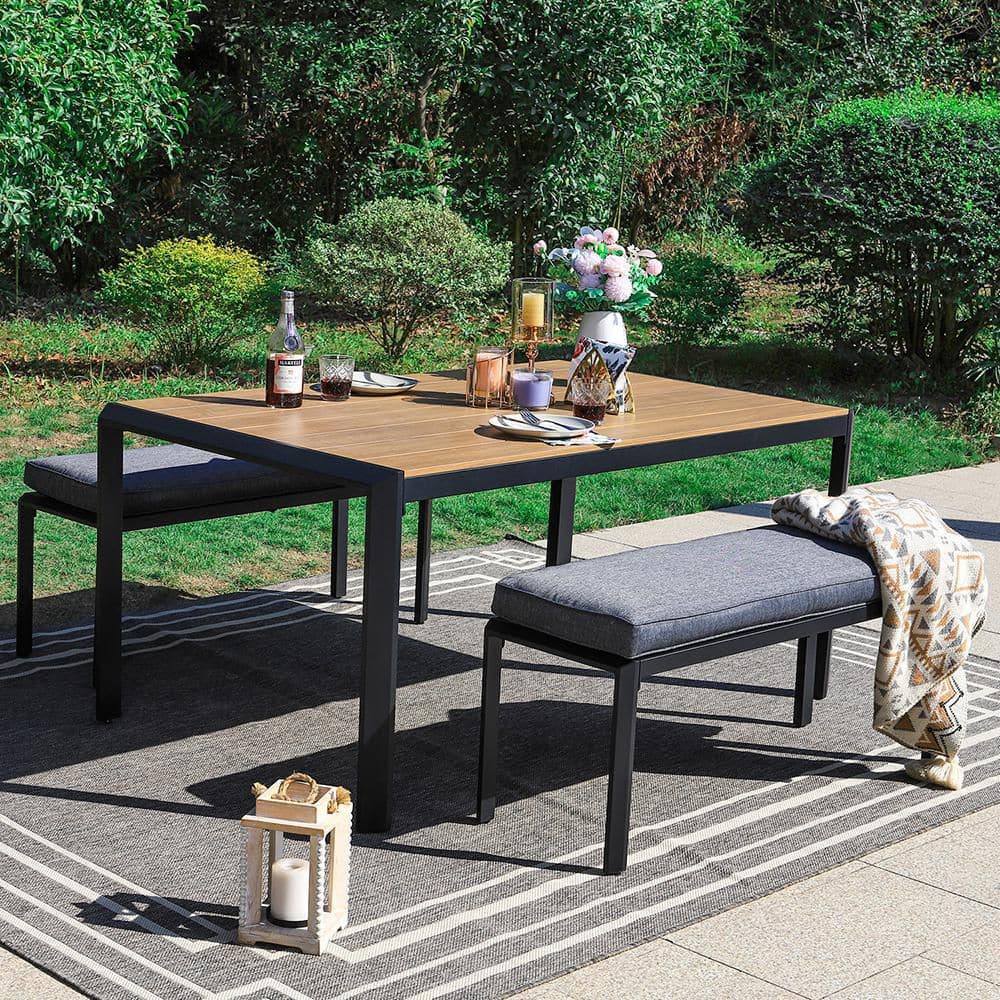 PHI VILLA 3-Piece Aluminum Outdoor Dining Set with Bench Seating and ...
