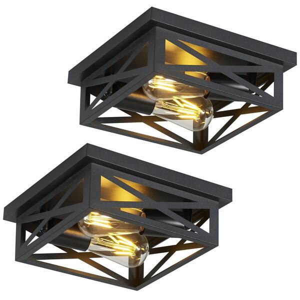 GMGSROM 9.84 in. 2-lights Matte Black Industrial Square Flush Mount ...