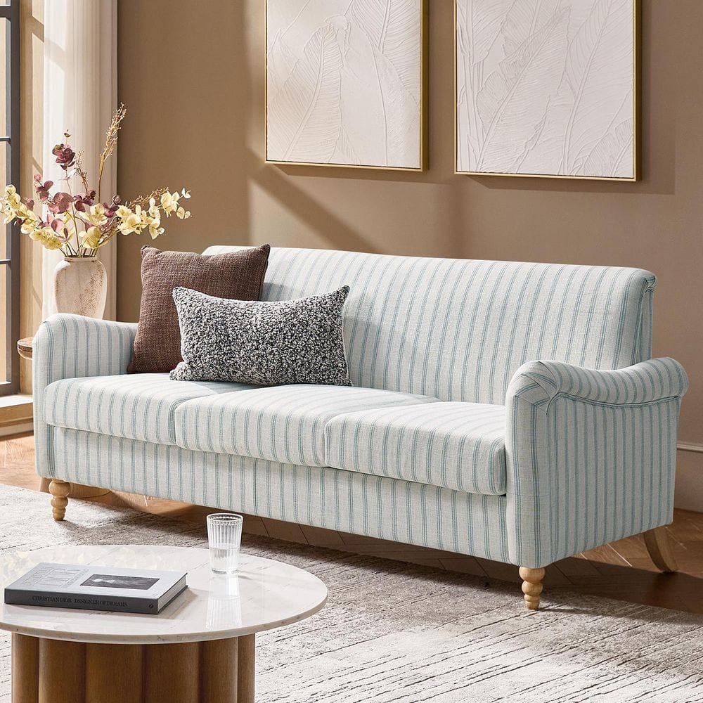 JAYDEN CREATION Justo 78 in. Flared Arm Linen Rectangle Sofa in Blue ...
