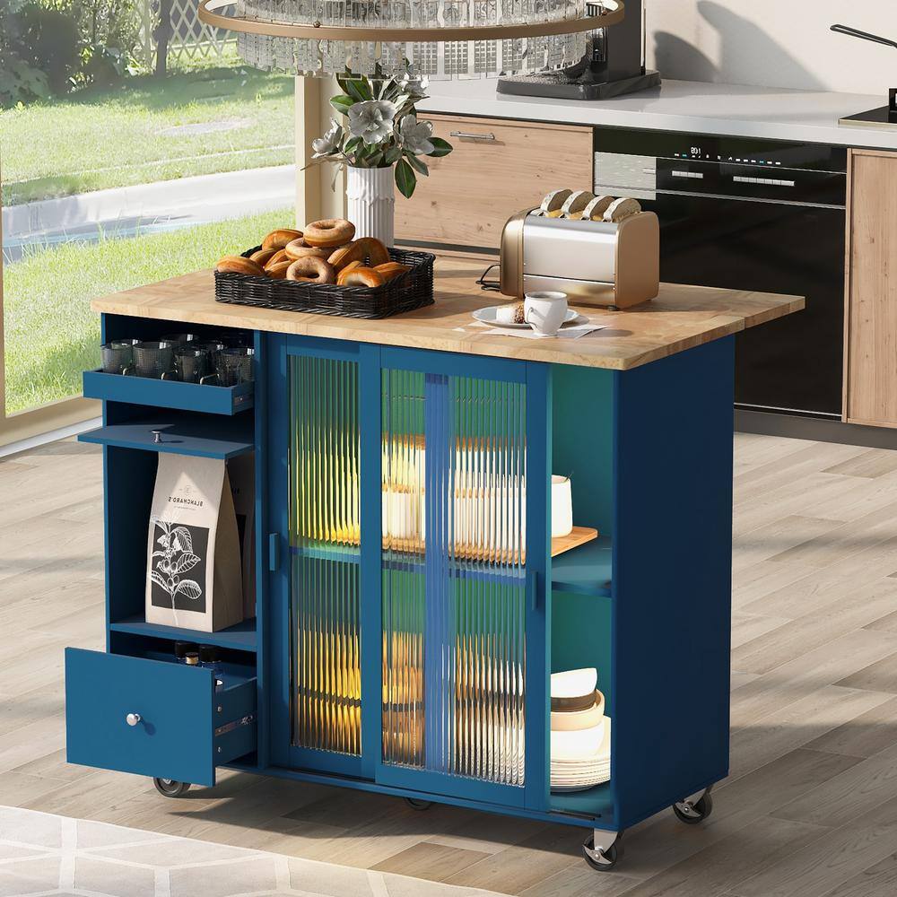 Blue Rubberwood 44.03 in. Kitchen Island with Drawers, Drop Leaf, LED ...
