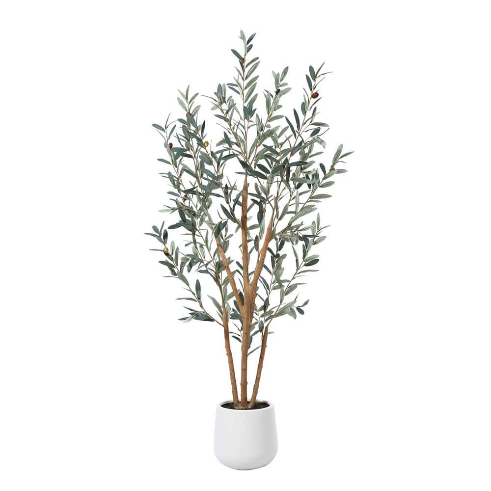 DR.Planzen 5 ft. Fake Olive Tree with Oval White Planter, Faux Olive Plants with Realistic ...